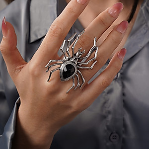 YERTTER Punk Grunge Silver Black Spider Ring Halloween Speacial Statement Ring Oversized Exaggrated Ring Costume Party Gift for Teens