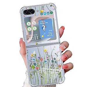 OOK Clear Design for Samsung Galaxy Z Flip 5 Case with Flower Clear Floral Phone Case Shockproof Hard PC Back Protective Cover for Women Girls Green Flower Case for Galaxy Z Flip 5 (wild-flowers)