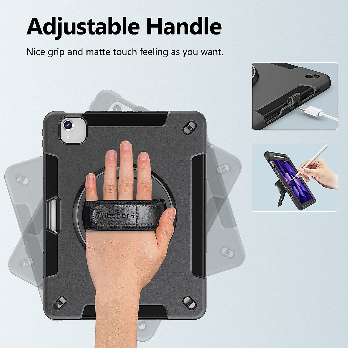 Miesherk Case for iPad Air 5th Generation Case: Compatible with iPad Air 5 Case 2022 Heavy Duty Shockproof Protective Cover-Pencil Holder-Rotating Stand-Hand/Shoulder Strap for iPad 10.9 2020 Black