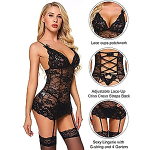 Women Sexy Bustier Lingerie Deep V Lace Chemise Garter Belt Set Black Small