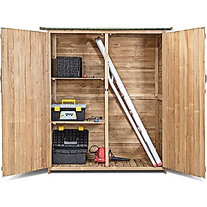 Goplus Outdoor Storage Cabinet, Double Lockable Wooden Garden Shed with 3 Shelves and Waterproof Asphalt Roof, Outside Lean to Shed, Vertical Tall Tool Shed for Patio Yard Lawn