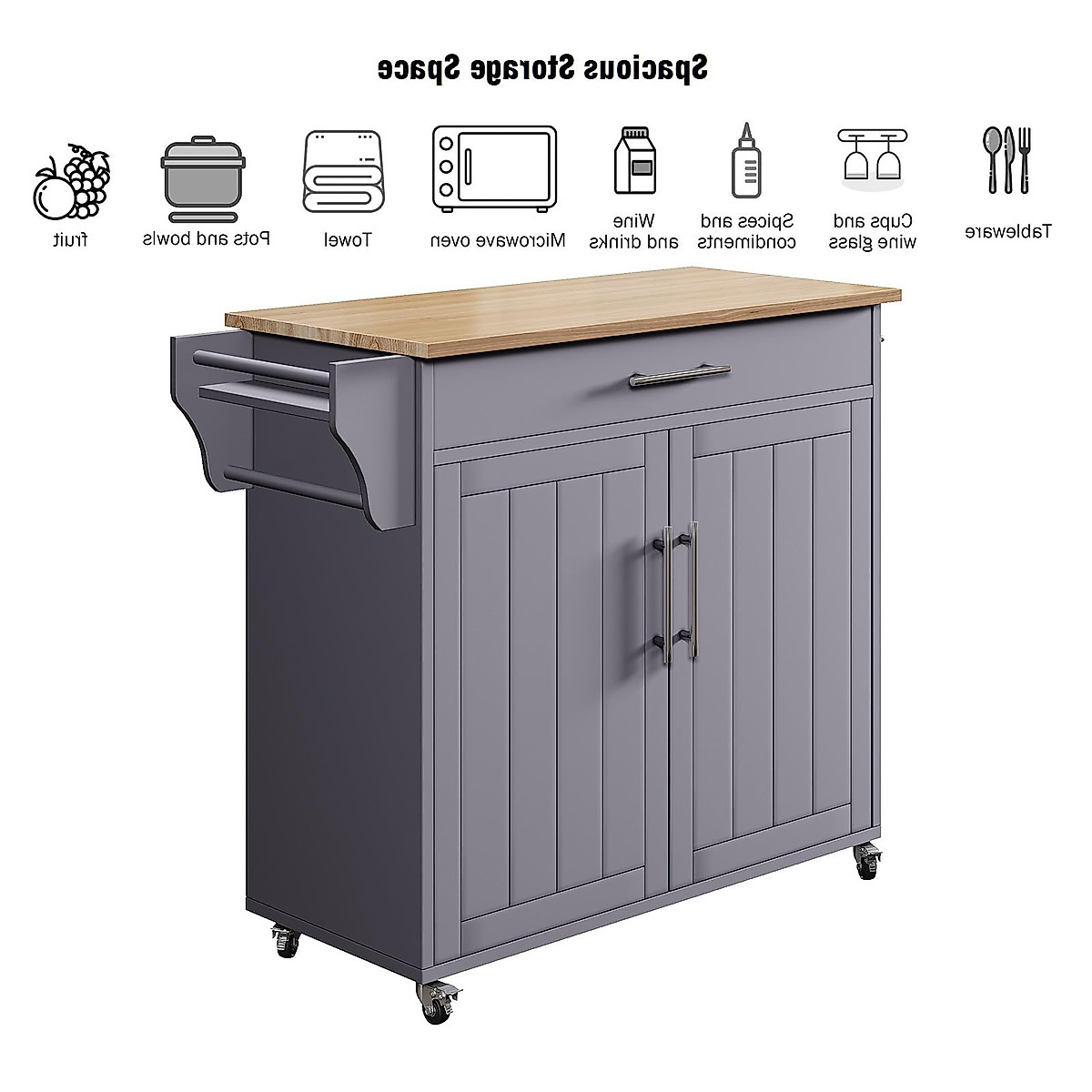 Pingliang Home 41" Kitchen Storage Island, Wooden Rolling Kitchen Island On Wheels with Countertop, Mobile Kitchen Island Cart with Towel Rack, Spice Rack and Drawers, Grey