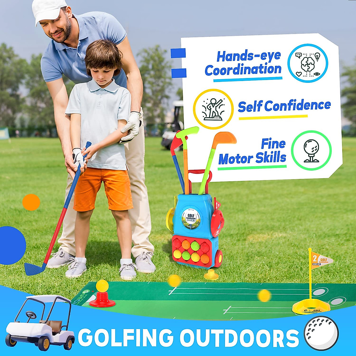 BELLOCHIDDO Toddler Golf Set - Kids Golf Clubs with 8 Balls, 4 Golf Sticks, 2 Practice Holes ＆ a Putting Mat, Indoor & Outdoor Ball Game Play Set Sport Toys Gift for 3 4 5 6+ Year Old