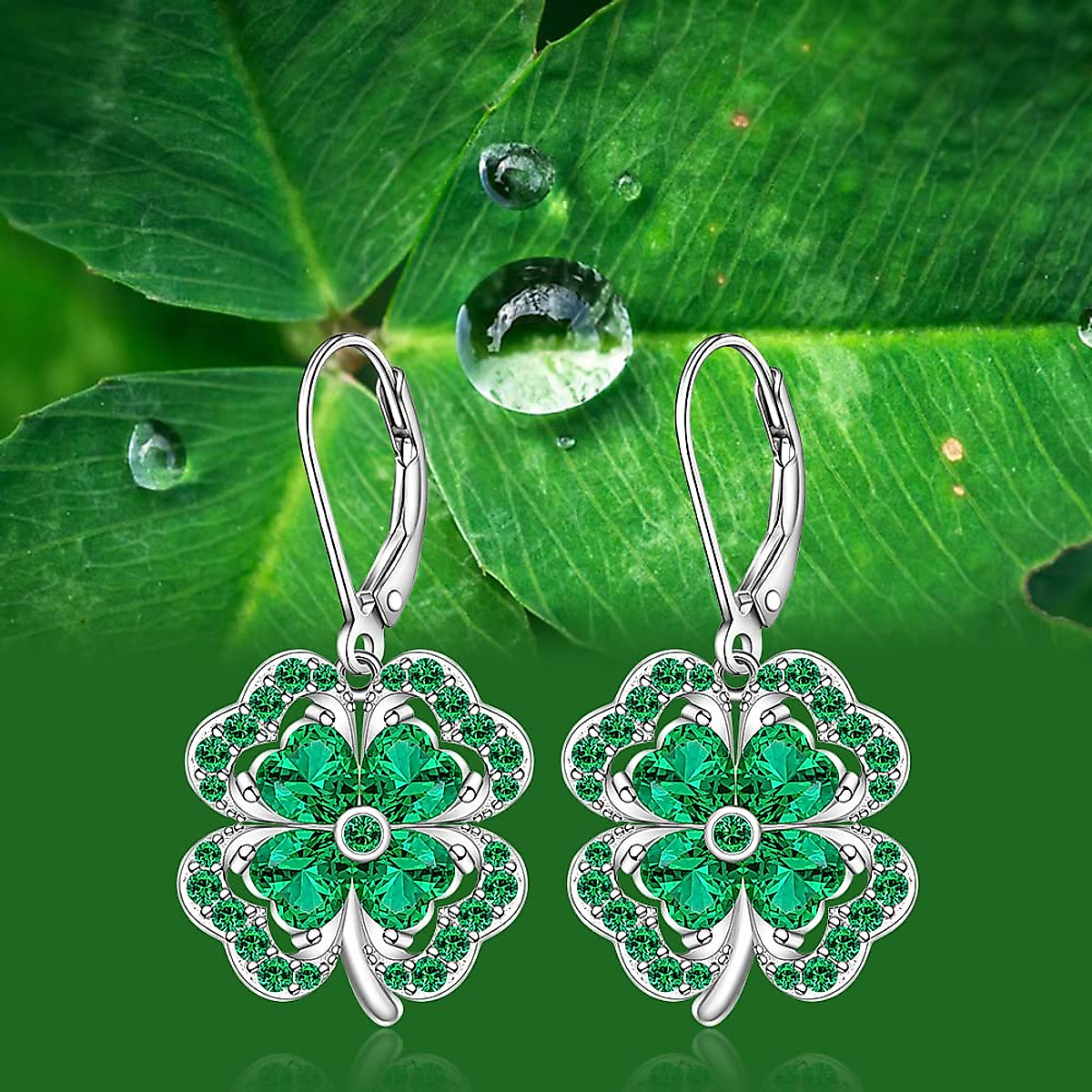 Shamrock Earrings St Patrick’s Day Earrings Four Leaf Clover Earrings for Women Sterling Silver Lucky Dangle Drop Green Clover Irish Celtic Gifts