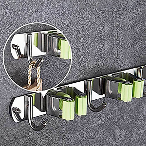 1 Pack Broom Mop Holder Wall Mount Garage Organization Wall Organizer Storage Broom Closet Kitchen Organization Heavy Duty Garage Tools Hanger with 3 Racks 4 Hooks for Garden Laundry Room (Green)