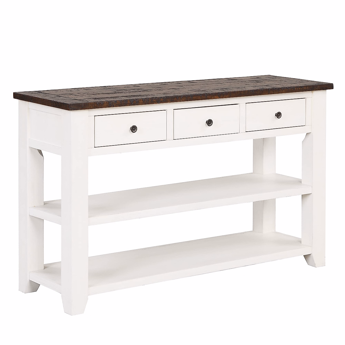 Gecheer 48" Solid Pine Wood Top Console Table, Modern Entryway Sofa Side Table with 3 Storage Drawers and 2 Shelves. Easy to Assemble (Antique White+ Brown Top) 2497B