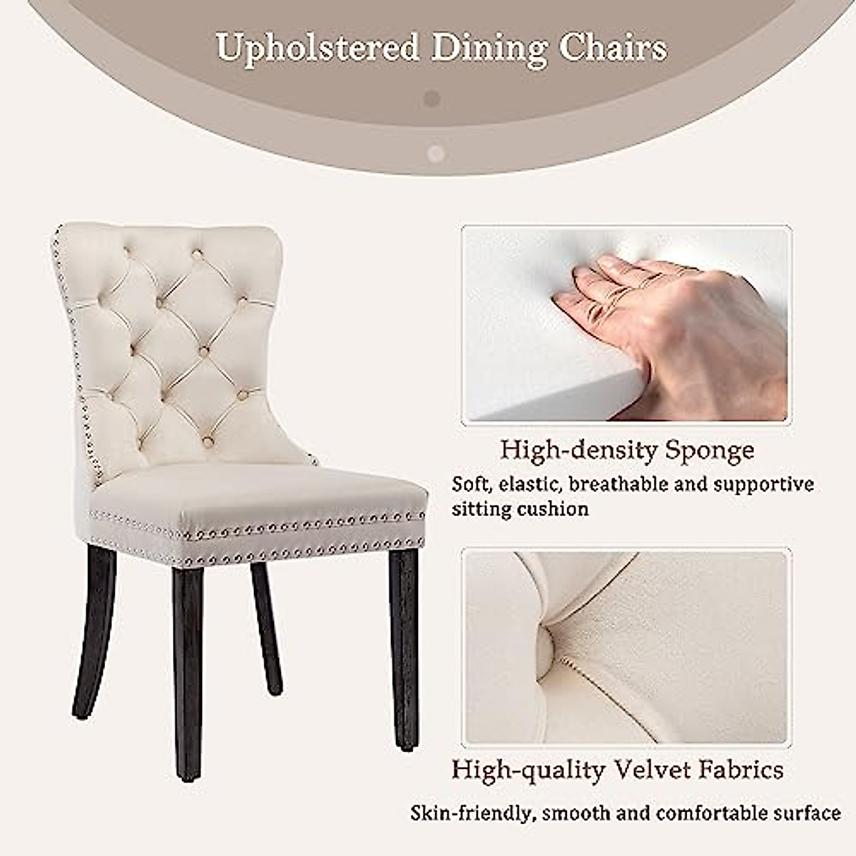 KCC Velvet Dining Chairs Set of 4 (Renewed), Upholstered High-end Tufted Dining Room Chair with Nailhead Back Ring Pull Trim Solid Wood Legs, Nikki Collection Modern Style for Kitchen, Beige