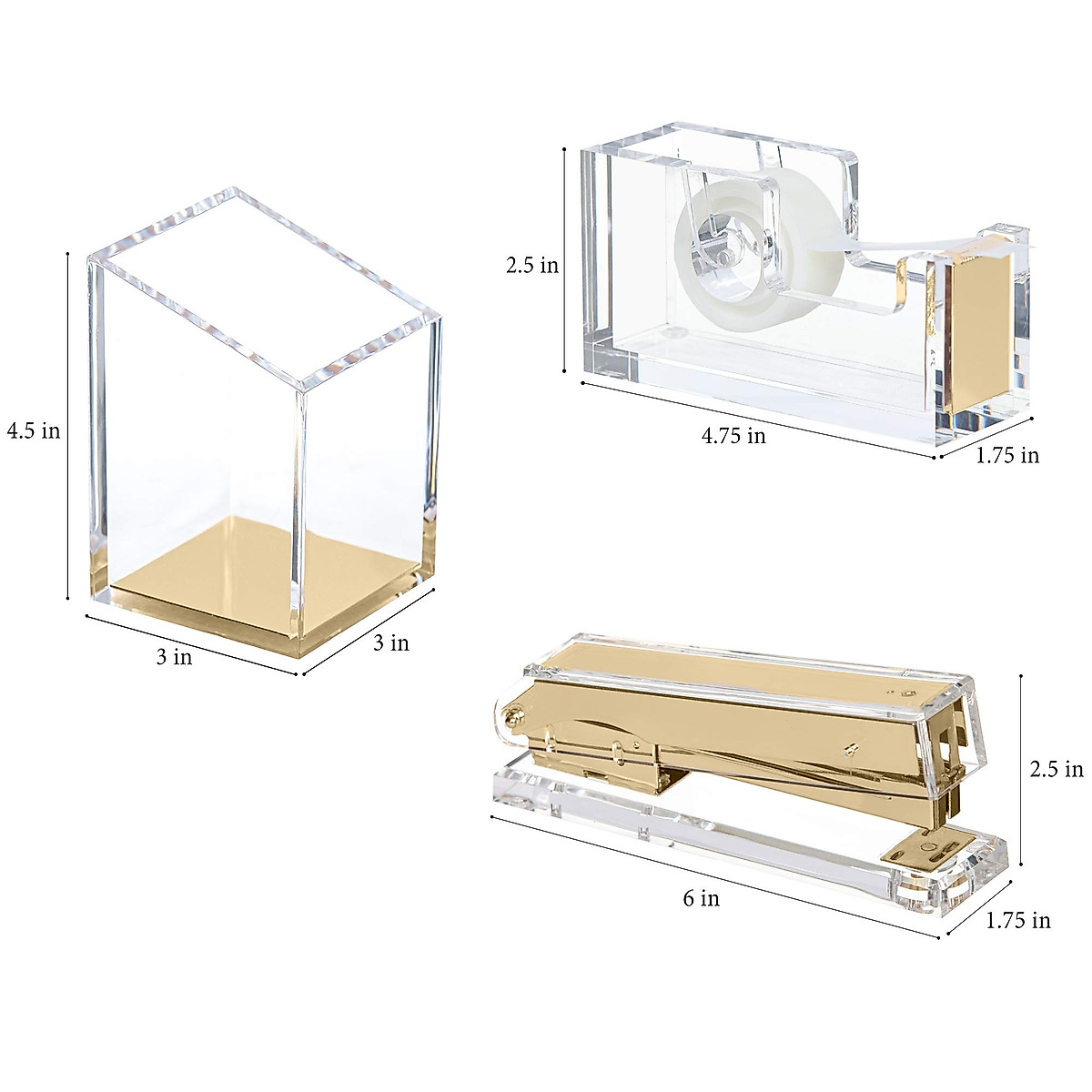 Punch & Stick | Stationery & Desk Accessories | Pen Holder, Stapler & Tape Dispenser | Gold & Clear Acrylic Lucite | Office Desk Accessories | Office Gift Set