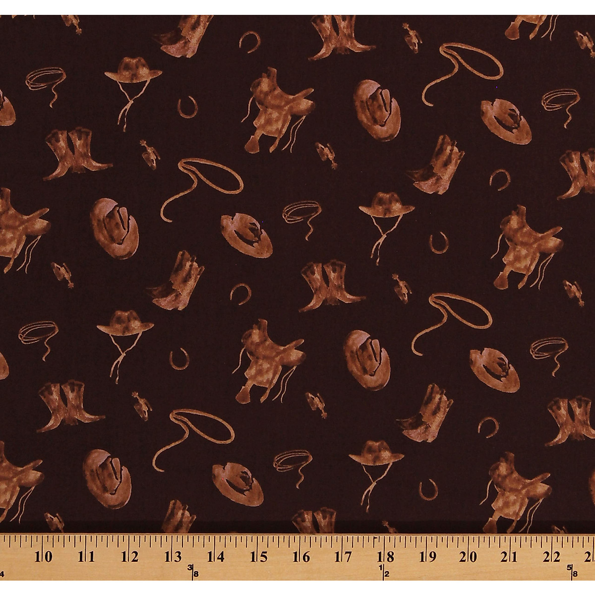 Cotton Cowboy Hats Boots Lassos Western Ride The Range Brown Cotton Fabric Print by The Yard (C12741-CHOCOLATE)