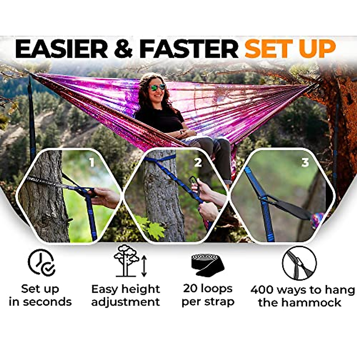 Foxelli Hammock Straps XL – Camping Hammock Tree Straps Set (2 Straps & Carrying Bag), 20 ft Long Combined, 40+2 Loops, 2000 LBS No-Stretch Heavy Duty Straps for Hammock Suspension System Kit