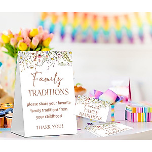 Baby Shower Games Family Traditions Sign, 1 Standing Sign and 50 Cards, Boho Floral Gender Neutral Decoration, Gender Reveal Party, Bridal Shower Favor Supplies-LT18