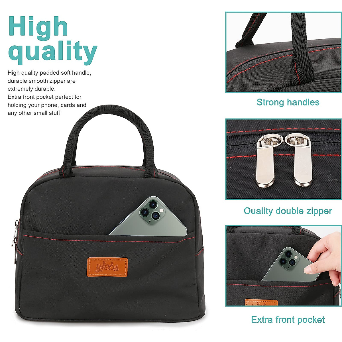 Ylebs Lunch Bag for Women Insulated Lunch Box,Black Adult Reusable Cooler Tote Bag for Work,Water-resistant Thermal