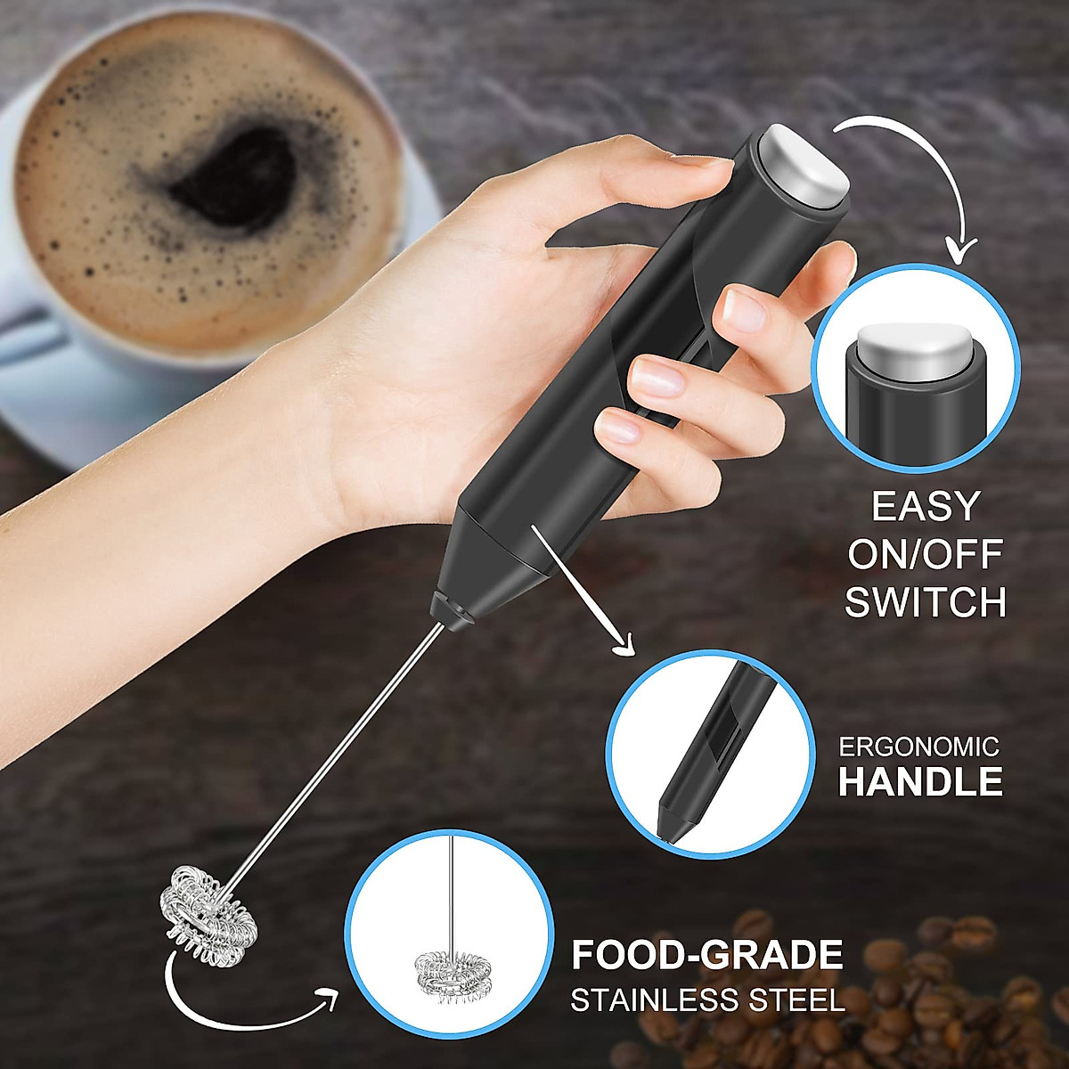 Double Whisk Milk Frother, Handheld Electric Blender stick, Drink Mixer with Food Grade Stainless Steel Stirrer, Battery Operated Foam Maker for Coffee, Cappuccino, Frappe, Matcha, Hot Chocolate Latte