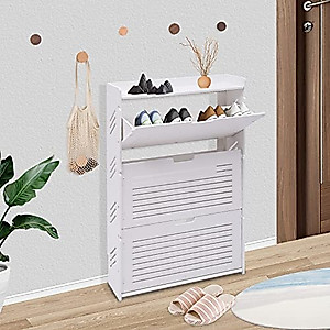 3 Drawer Shoe Cabinet, Freestanding Flip-up Shoe Storage Organizer, Modern Tipping Bucket Shoe Rack for Entryway, Living Room, and Hallway