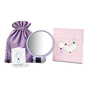 Dolovemk Travel Makeup Mirror with Stand,Suspended Makeup Mirror,Hand Mirrors with Handle Double Side,Travel Folding Hand Held Mirror 15x Magnification(Purple)
