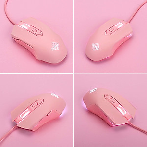 Lomiluskr AJ52 Wired Gaming Mouse, 7 Programmable Buttons, Computer Mice with RGB Lighting, 200-4800 DPI Adjustable, for Windows/Mac OS/Linux (Pink)