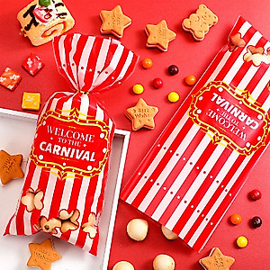 Carnival Candy Bags Circus Plastic Bags Carnival Party Treat Bags Popcorn Pattern Party Bags Goody Bags with 100 Gold Twisted Ties for Party Favor Supply Cookie Cupcake Wrapping(Simple,100 Packs)