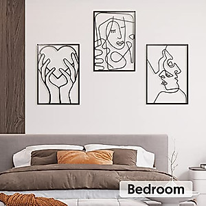 QIEGL 3 Packs Metal Wall Decor 0.12" Thickness Modern Home Decor for Black Coating with Silvery Sparkling 17"x11.8" Minimalist Wall Art Bedroom Decor Single Line Abstract Wall Sculptures for Living Room Bathroom Stairs etc.