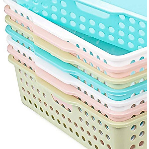 Lawei 8 Pack Plastic Storage Baskets - Colorful Paper Organizer Baskets Plastic Shelf Bins with Handles, Classroom Office File Holder for Home Office School