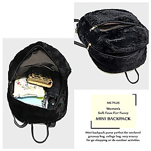 Me Plus Women's Soft Faux Fur Fuzzy Mini Backpack, Shoulder bag Purse, Schoolbag (Black)