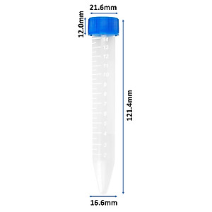 15 ml Conical Centrifuge Tube with Conical Bottom, Leakproof Screw Caps, Sterile, up to 12000xg, Polypropylene (PP) (Pack of 50)