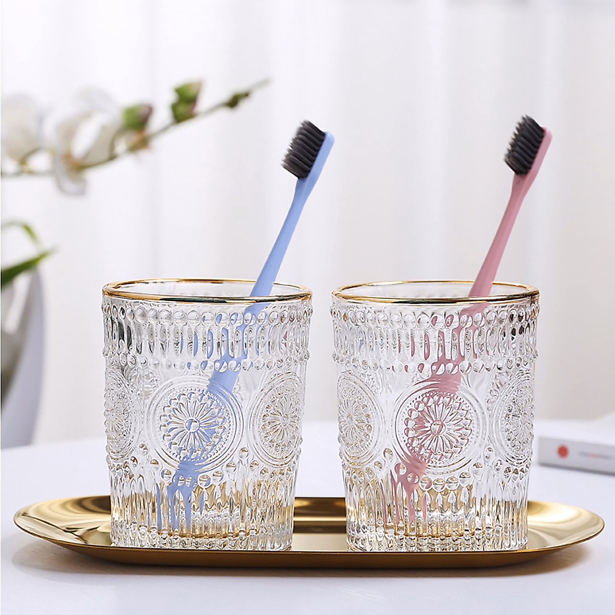 MKLZ 8 Oz Glass Foam Soap Dispenser, Clear Hand Liquid Bottles with Gold Plastic Pump, Refillable Round Foaming Lotion Dispensing for Kitchen Sink & Bathroom Counter