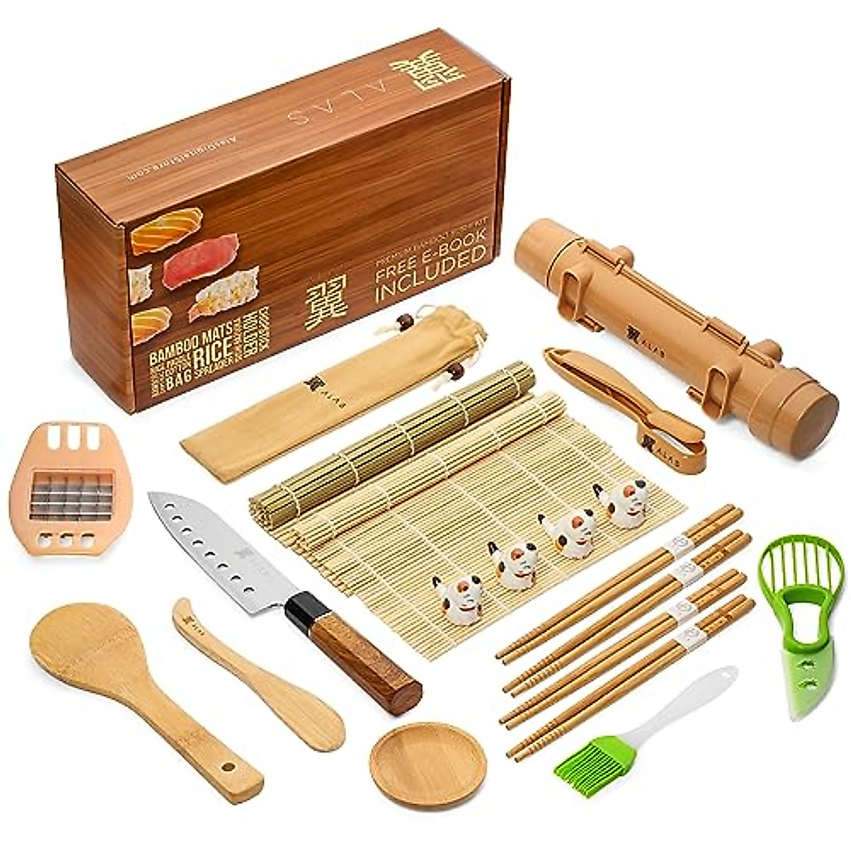 Sushi Making Kit- Complete Sushi Making Kit for Beginners & Pros Sushi Makers, Perfect Sushi Making Kitchen Accessories Like Sushi Knife, 2 Sushi Mats, Rice Bazooka, Dipping Plate, & More (Bamboo)