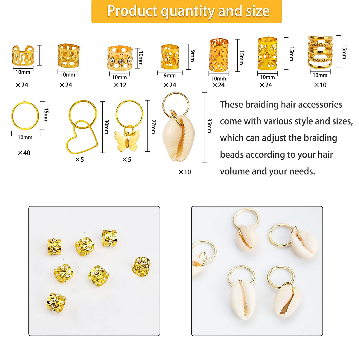 JALANCY 202 Pcs Hair Jewelry for Women Braids, Locs Jewelry Dreadlocks Beads Hair Braid Rings Hair Cuffs Shells Heart Butterfly Hair Pendants Hair Clips for Dreadlock Accessories (Gold)