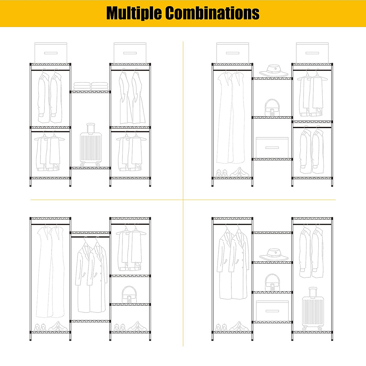 Hestiasko M3 Wire Garment Rack Heavy Duty Clothes Rack with 8 Tiers Adjustable Wire Shelving and 4 Hanging Rods/Freestanding Metal Wardrobe Closet Max Load 800lbs 68.5" L X 17.8" W X 75.0" H