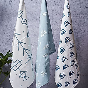 Folkulture Cotton Kitchen Towels and Dishcloths Set with Hanging Loop, Set of 3 Flour Sack Dish Towels and Dish Cloths for Drying Dishes, Highly Absorbent Decorative Tea Towels, 20 x 26 Inches, Mystic
