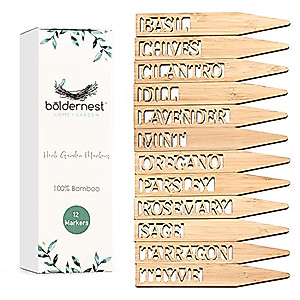 Boldernest Bamboo Herb Garden Markers - Set of 12 Beautiful Herb Garden Labels - Sturdy Herb Markers for Outdoor Garden or Potted Herbs - Lovely Herb Garden Signs