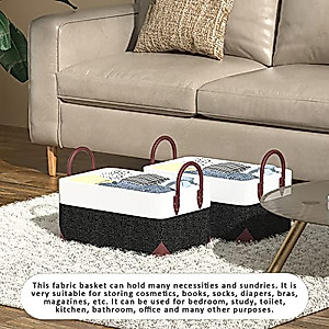 Foldable Storage Bins Baskets - Decorative Linen Fabric Storage Baskets with Steel Frame and PU Leather Handles for Organizing Shelf Closet
