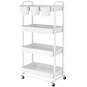 JIUYOTREE 4-Tier Plastic Rolling Storage Cart Utility Cart with Extra Hanging Cups Handles Lockable Wheels for Living Room Bathroom Kitchen Office White