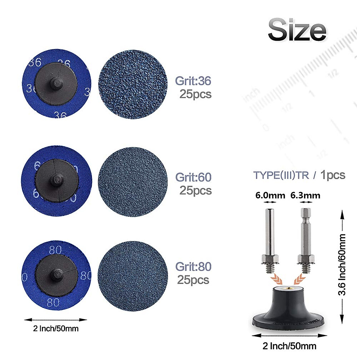 NYXCL Miroku 75Pcs Mixup 2-inch Quick Change Discs Set, Zirconia Sanding Discs with 1/4" Holder, for Die Grinder Surface Prep Strip Grind Polish Finish Burr Rust Paint Removal