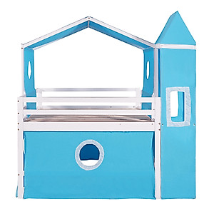 Harper & Bright Designs House Loft Bed with Slide and Tent, Full Size Loft Bed with Small Pinnacle and Ladders, Wood Bunk Bed, Playhouse Bed Frame for Kids, Teens, Boys & Girls (Full Size, Blue)