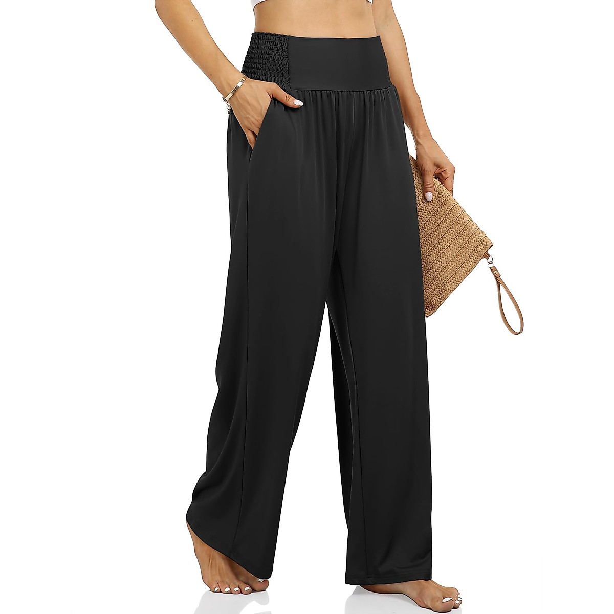 UEU Women's Wide Leg Pants Elastic High Waisted Travel Lounge Yoga Palazzo Pants with Pockets, Black, X-Large