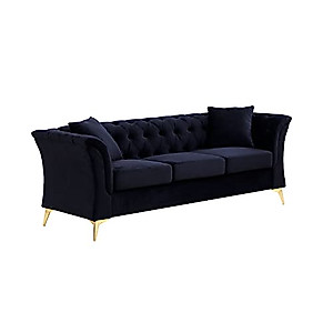 kevinplus 84'' Chesterfield Sofa Couch for Living Room, Modern Velvet 3-Seat Upholstered Sofa Couch for Apartment Bedroom Dorm Office, Strong Gold Metal Legs, 2 Pillows, Black