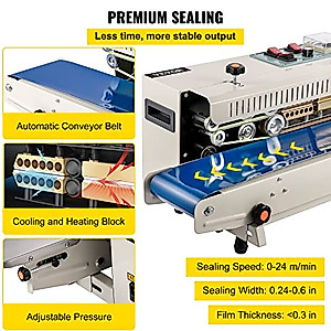 VEVOR Continuous Band Sealer, 0.24-0.6 in/6-15 mm Seal Width, FR900 110V/60Hz Horizontal Sealing Machine, Band Heat Sealer with Digital Temperature Control for PVC Membrane Bag Film