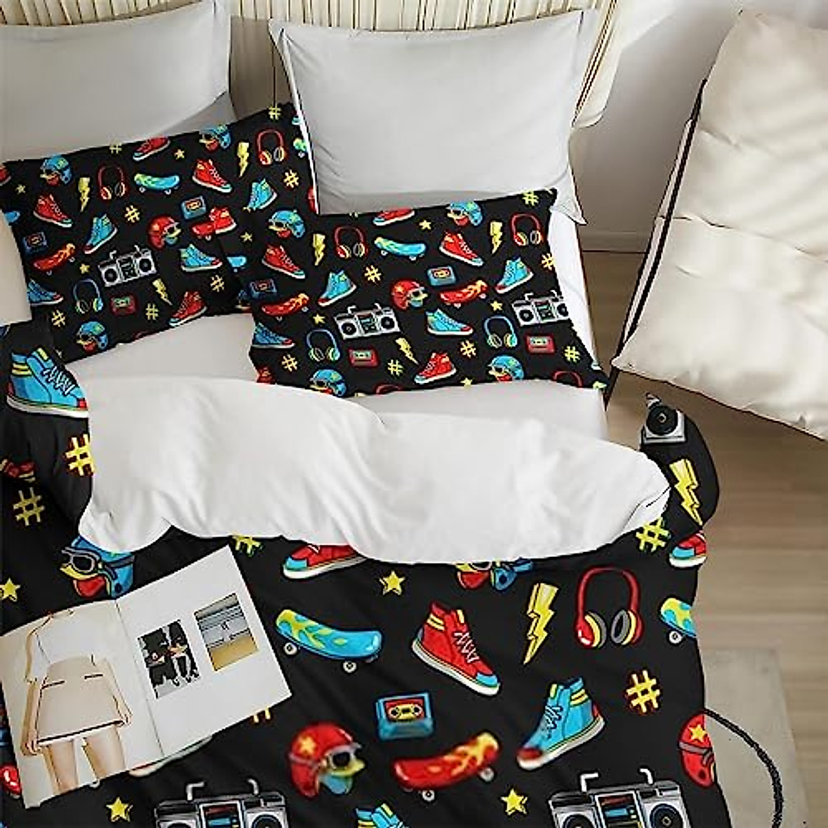 Duvet Cover Queen Size, 80S Cool Cute Retro Bedding Set with Zipper Closure for Kids and Adults, Red Neon Colorful Comforter Cover with 2 Pillow Shams for Bedroom Bed Decor