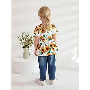 Derouetkia Girls Clothes Outfits Toddler Infant Baby Girl Short Sleeve Floral Ruffle Tops Ripped Jeans Pants Sets (2-3T) Yellow