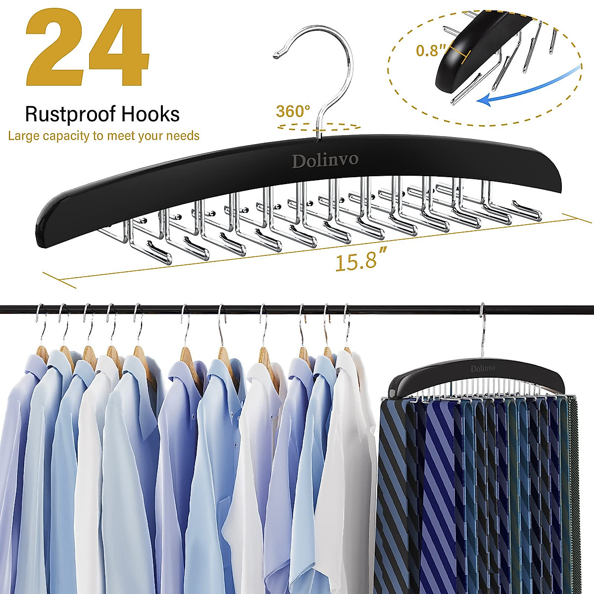 Upgraded Tie Rack Tie Hanger 24 Hooks Wooden Tie Organizer, Space Saving Tank Top Hanger,Belt Organizer for Closet,Bra Organizer with 360°Rotating, 2Pack