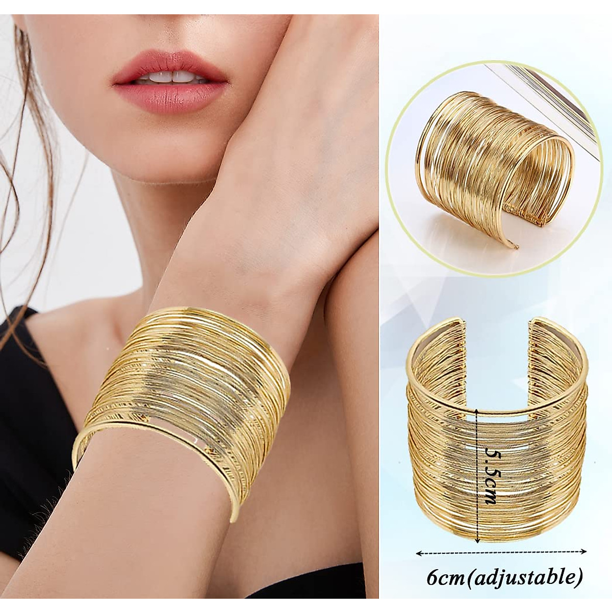 FIRAZIO 2 Pcs Cuff Bangle Bracelet for Women Open Wide Wire Bracelets Gold Wrist Cuff Wrap Bracelet