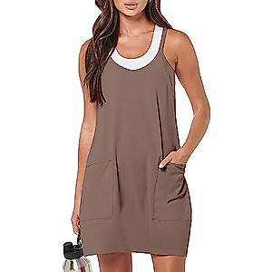 Caracilia Workout Dresses for Women 2023 Summer Casual Sleeveless Athletic Outfits Tennis Golf Sports Short Mini Dress with Built in Shapewear C112A5-qianka-L Coffee