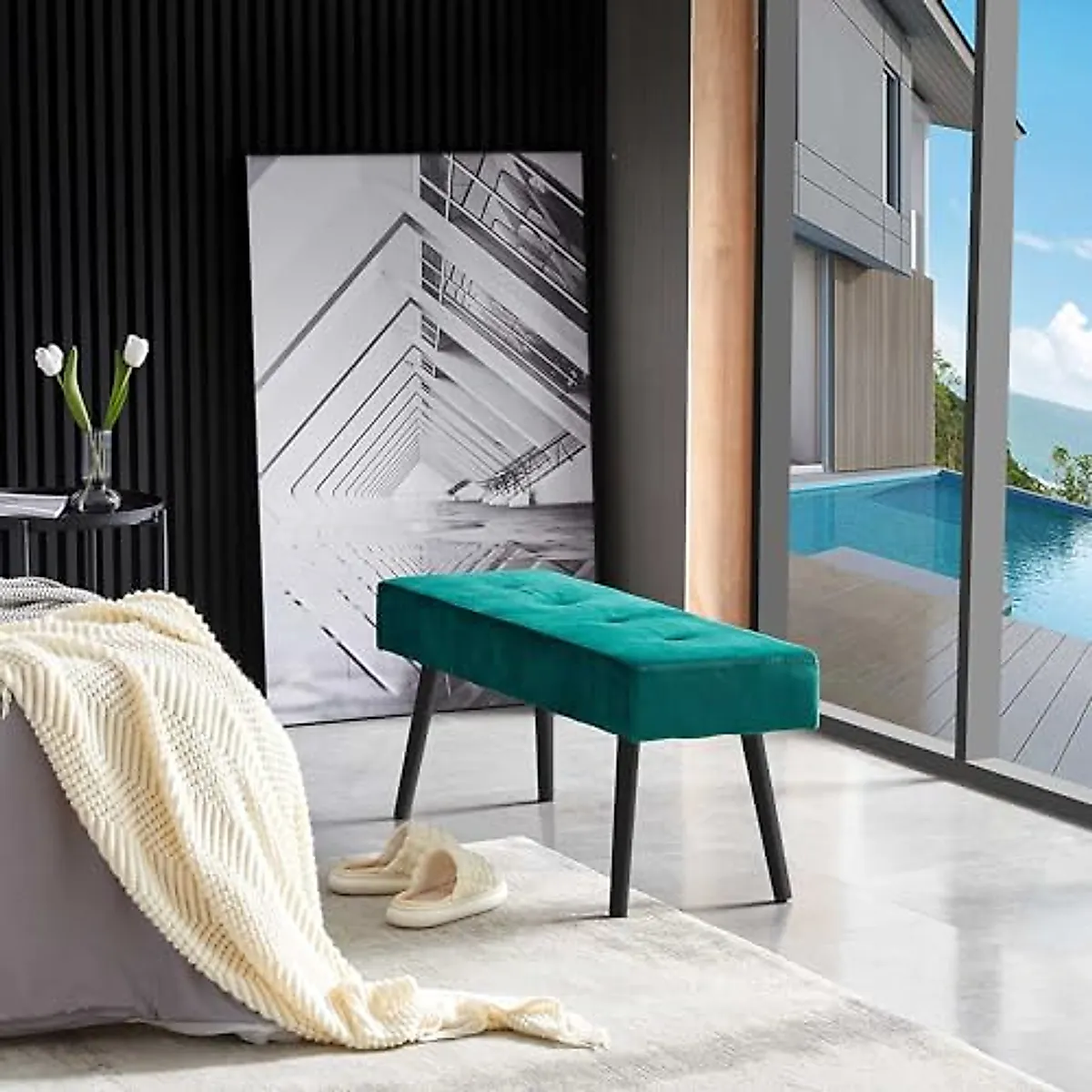 Homedot Bench for Entryway, Upholstered Dining Bench with No Arms Accent Bench Elegant Velvet Living Room Bench Tufted with Strong Metal Legs for Unisex