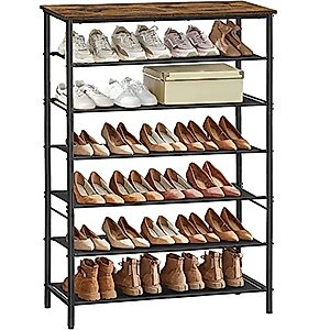 TUTOTAK Shoe Rack 7 Tier, Narrow Shoe Organizer for Closet Entryway, with 6 Fabric Shelves and Top for Bags, Shoe Shelf, Steel Frame, Industrial, Rustic Brown and Black SR01BB023