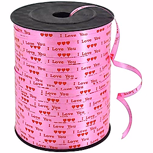 BEISHIDA 500 Yard Pink Heart Crimped Curling Ribbons I Love You Printed Balloon String Roll Valentines Day Ribbon for Gift Wrapping Party Festival Art Craft Decor Florist Flowers Decoration