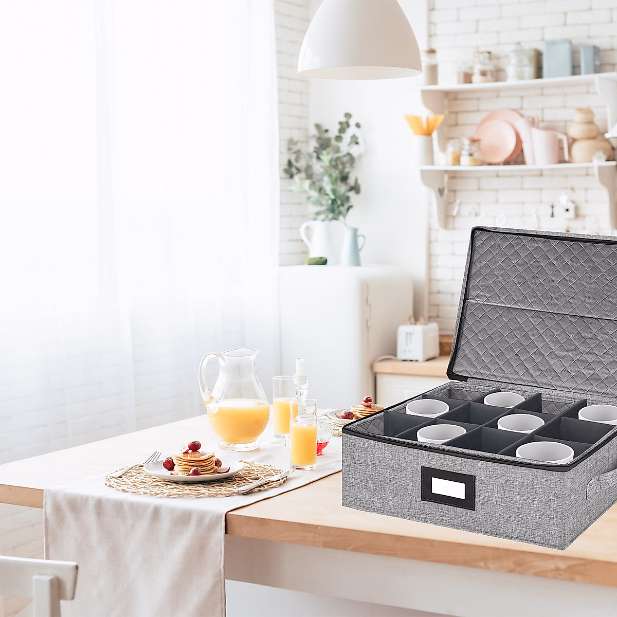 homyfort China Storage Containers - Stemware Storage Box,Cups, Tea Mugs Sets Storage Box with Lid and Handles Hard Shell and Stackable(Grey)