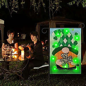 St Patrick's Day Garden Flag with Green Led Lights Good Shamrock Luck Truck Gnome 12 X 18 Inch Double Sided Garden Flag Durable Burlap Shamrock Garden Flag for Lawn Party Outdoor Decorations (Gnome-3)