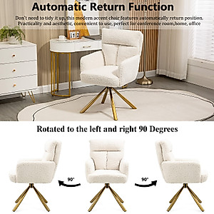 NORDICANA 180° Swivel Sherpa Living Room Chair Modern Armchair with Golden Legs Ergonomic Upholstered Accent Chair No Wheels for Bedroom Reading Home Office, Off White