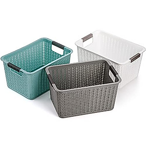 Lawei 9 Pack Plastic Storage Baskets, 10.5 x 7.1 x 5.5 Inch Weave Storage Bins with Handle, Plastic Shelf Organizer Basket for Home Cabinet, Pantry Storage Bins for Toys, Classroom